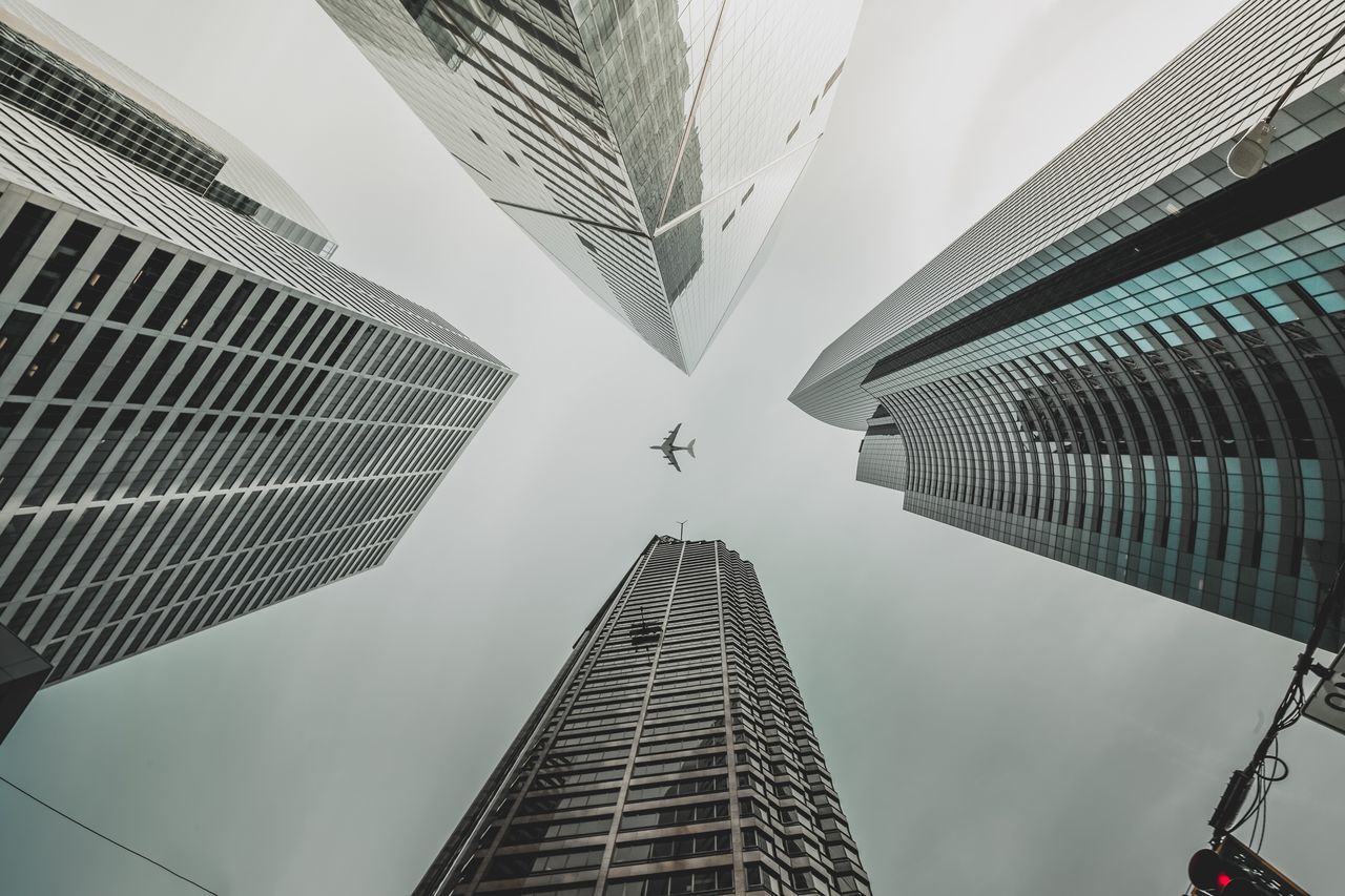 High angle view of modern buildings in city | ID: 140027709